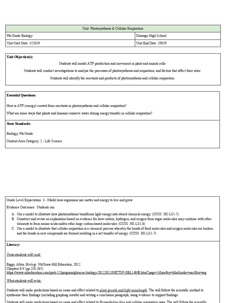 Photosynthesis Cellular Respiration Example Unit Plan | PDF ...