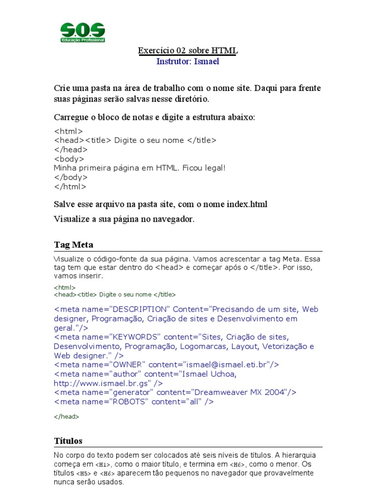 Exercício 02 Sobre O Html Download Grátis Pdf Html Pixel