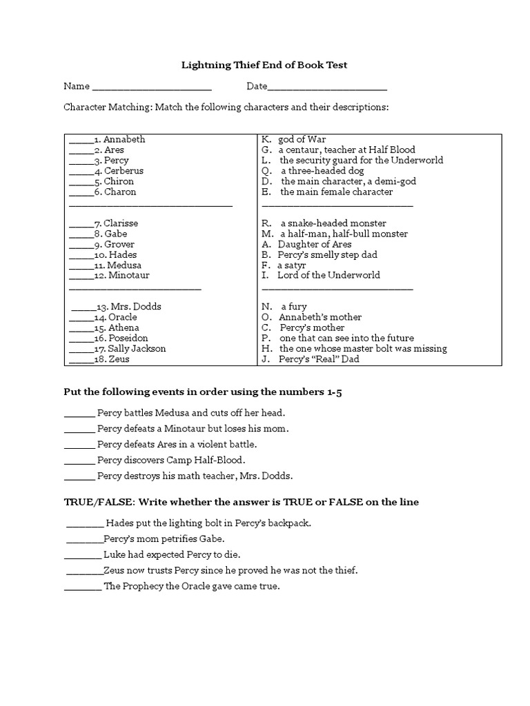 Lightning Thief End-of-Book Test | PDF | Greek Mythology | Mythology