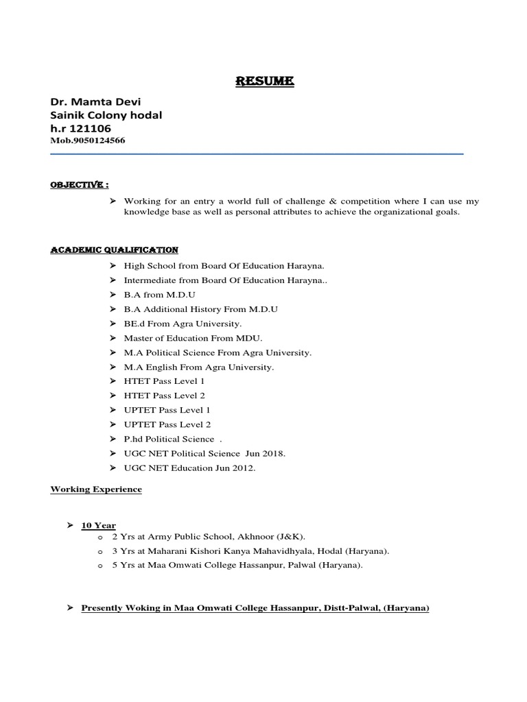 RESUME of Mrs Mamta Devi | PDF | Career & Growth | Social Science