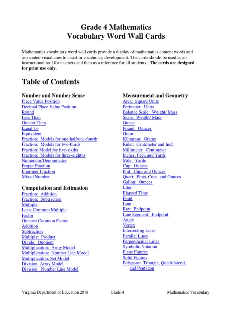 Grade 4 Mathematics Vocabulary Word Wall Cards: Number and Number Sense ...