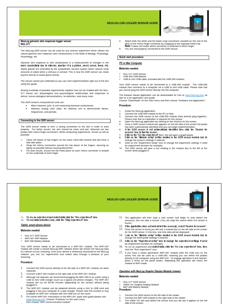 Neulog NUL-217 GSR Logger Sensor V11042014 | PDF | Usb | Online And Offline