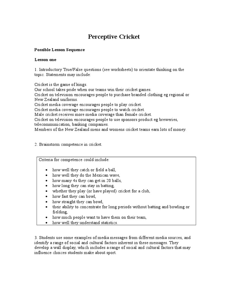 Perceptive Cricket: Possible Lesson Sequence Lesson One | PDF | Cricket ...