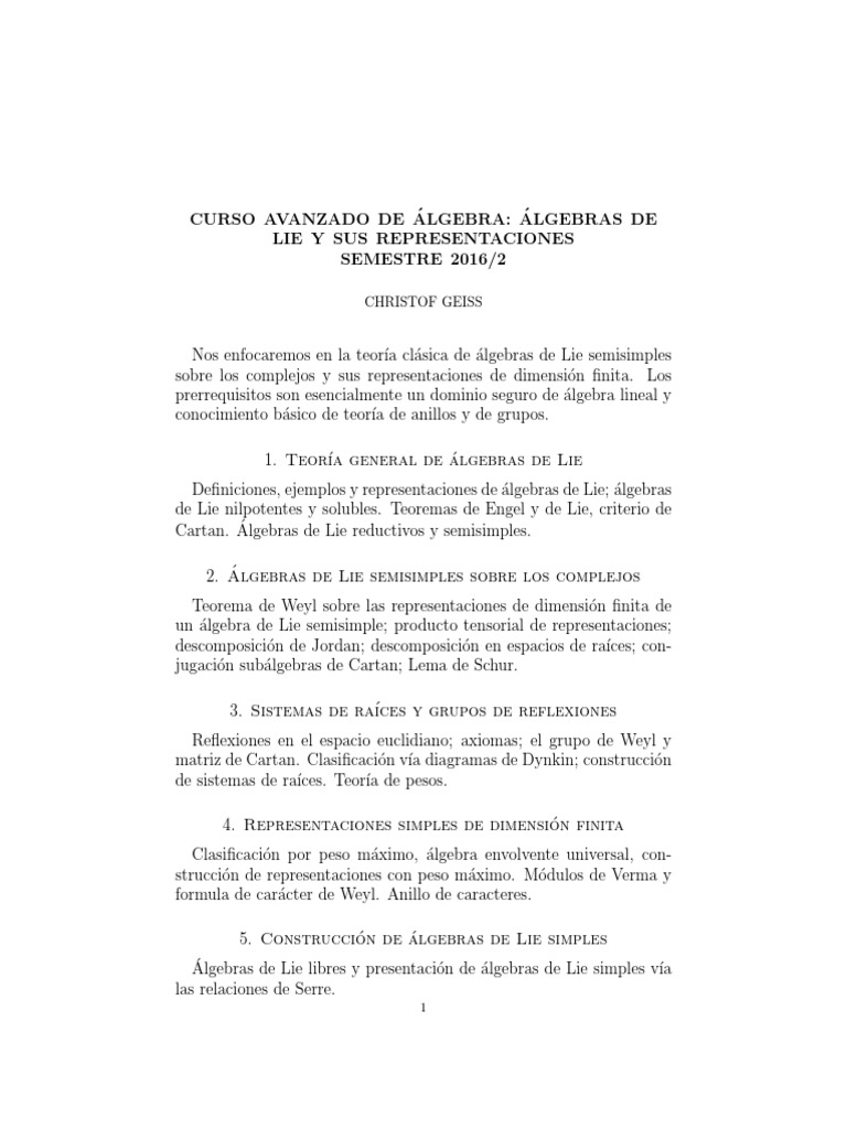 Temario Lie y Representaciones | PDF | Algebra de mentiras | Teoría de ...