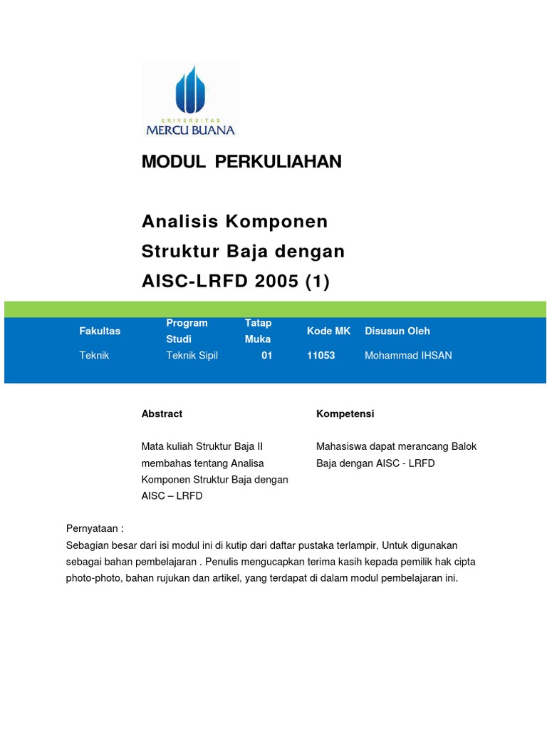 Modul 1 Struktur Baja II - Analisis Komponen Struktur Baja AISC - LRFD 2005 | PDF