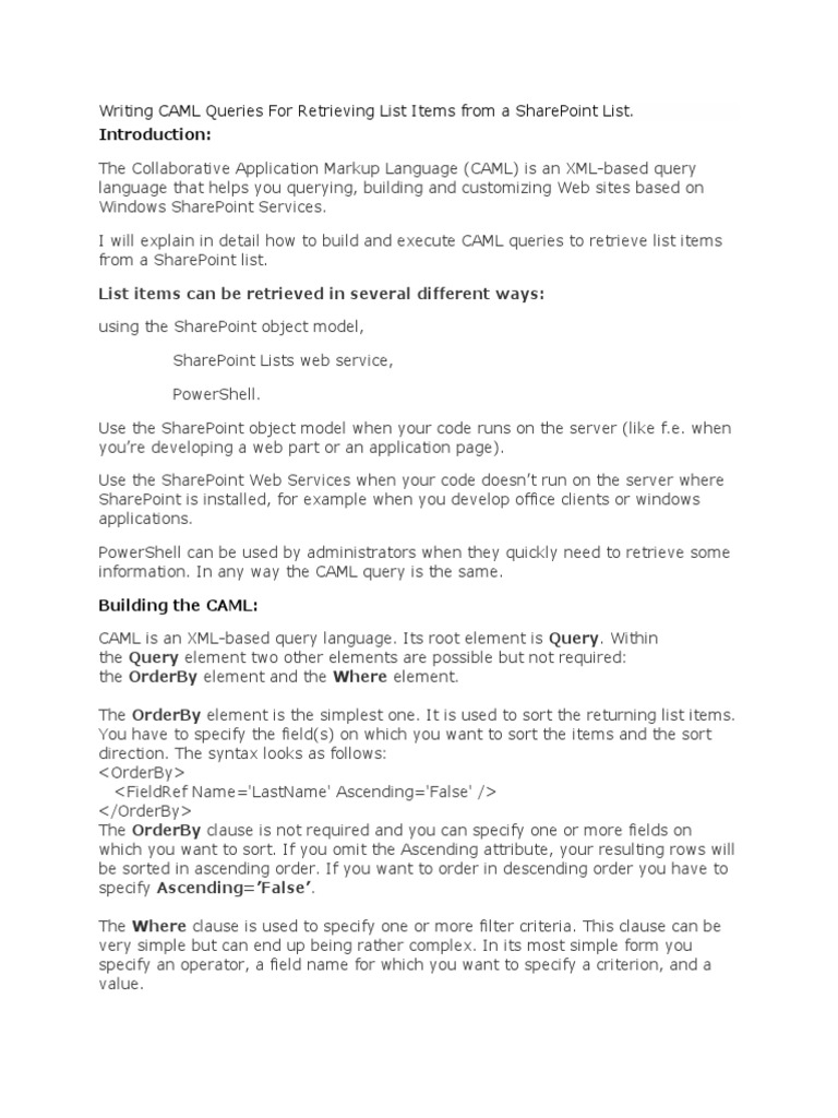 Writing Caml Queries For Retrieving List Items From A Sharepoint List | PDF | Share Point ...