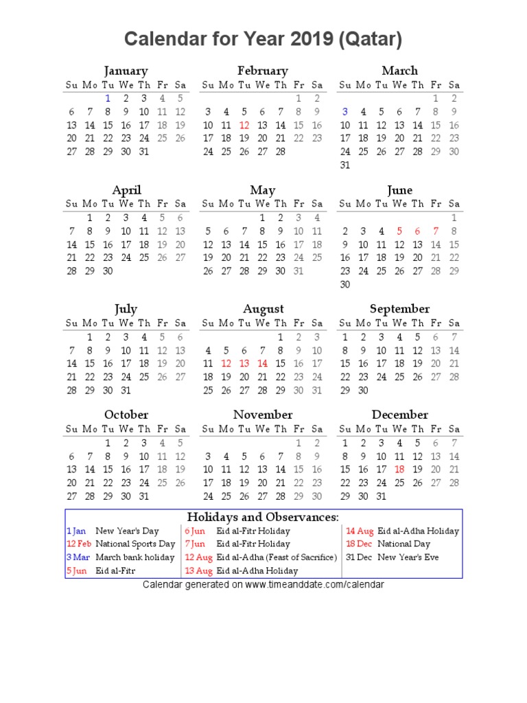 Year 2019 Calendar - Qatar | PDF | Holidays | Traditions