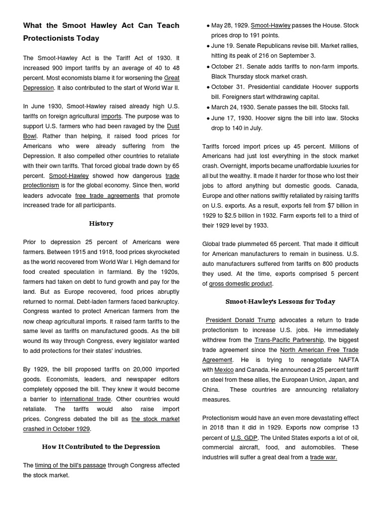 What The Smoot Hawley Act Can Teach Protectionists Today | PDF | Tariff ...