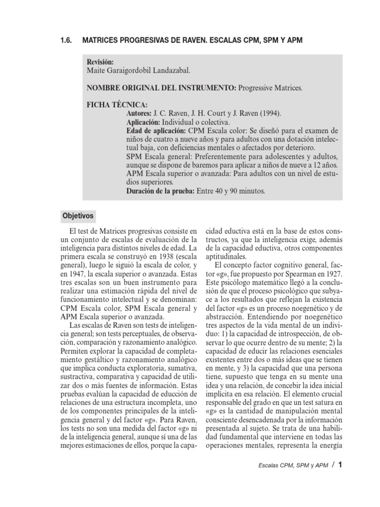 Matrices de Raven, Escalas CPM, SPM y Apm | PDF | Inteligencia ...