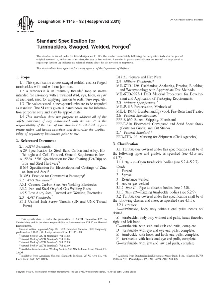 ASTM F 1145-92 - Standard Specification For Turnbuckles, Swaged, Welded ...