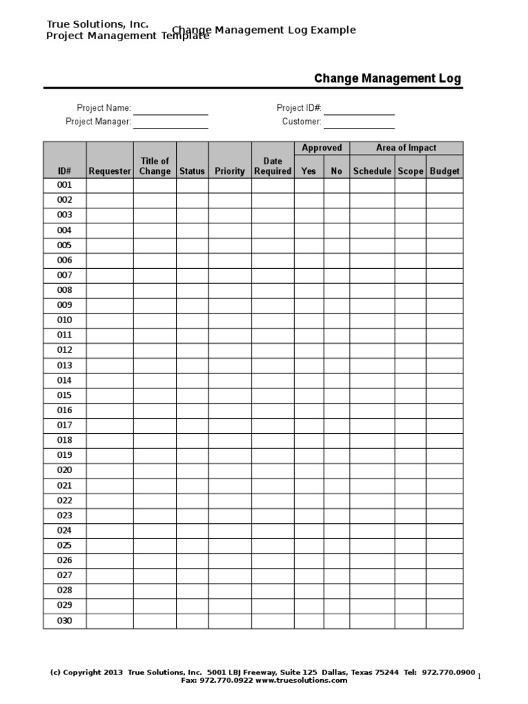 Change Management Log: Project Name: Project ID#: Project Manager ...