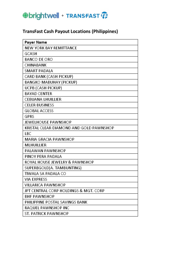 Transfast Cash Payout Locations (Philippines) : Payer Name | PDF
