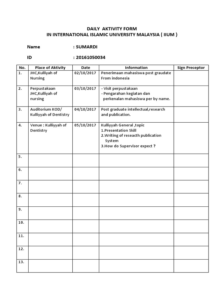 Malaysia Daily Aktivity Form | PDF