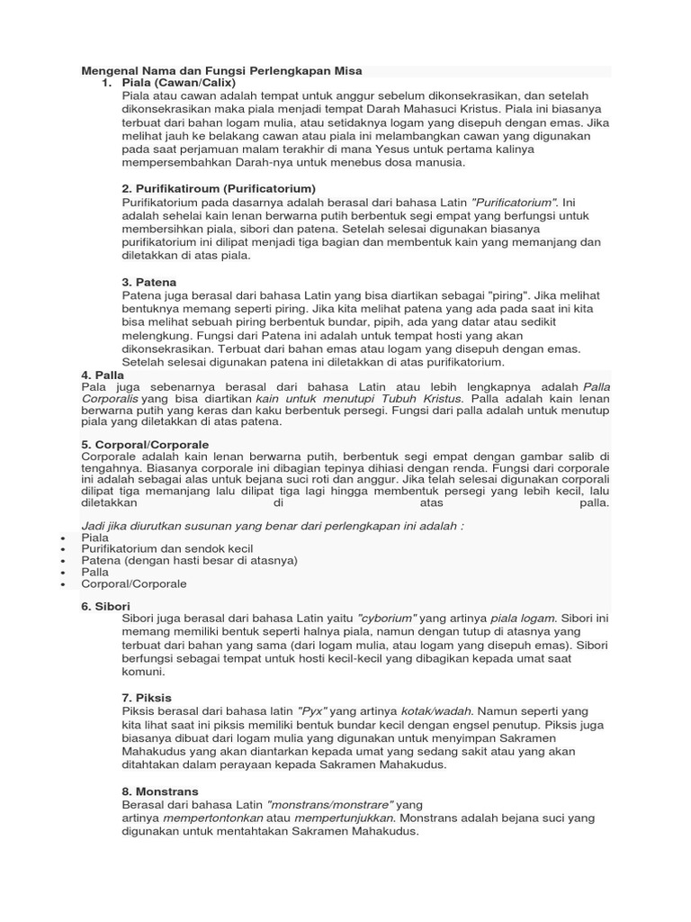 Mengenal Nama Dan Fungsi Perlengkapan Misa | PDF
