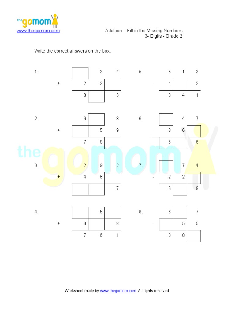 Addition Subtraction Fill in The Missing Number 3 Digits Grade 2 | PDF ...