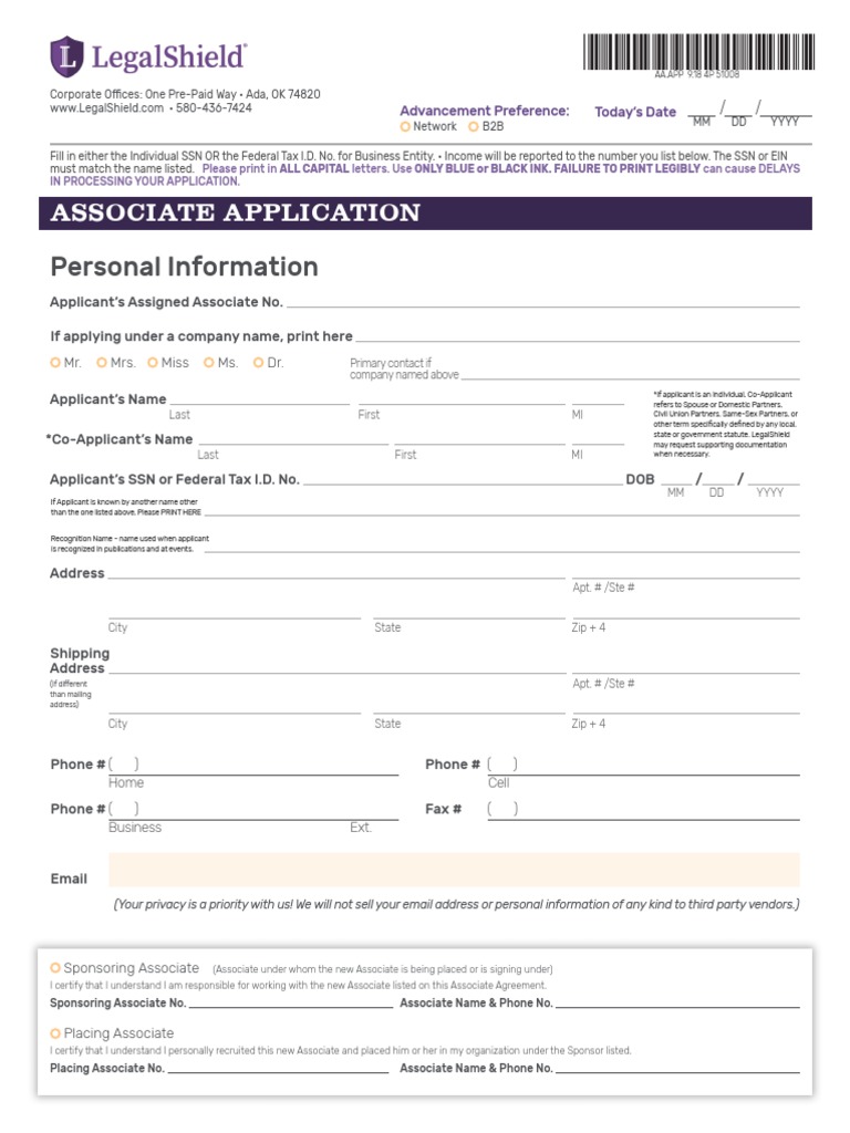 Application for Associate Membership with LegalShield Including Payment ...