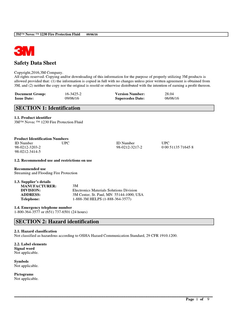 3M Novec 1230 Fire Protection Fluid | PDF | Hazardous Waste | Toxicity
