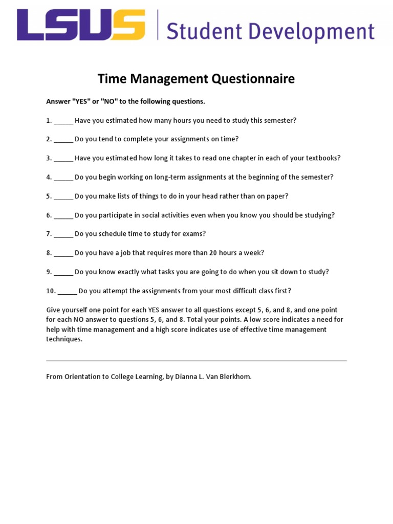 Time Management Questionnaire: Answer "YES" or "NO" To The Following ...
