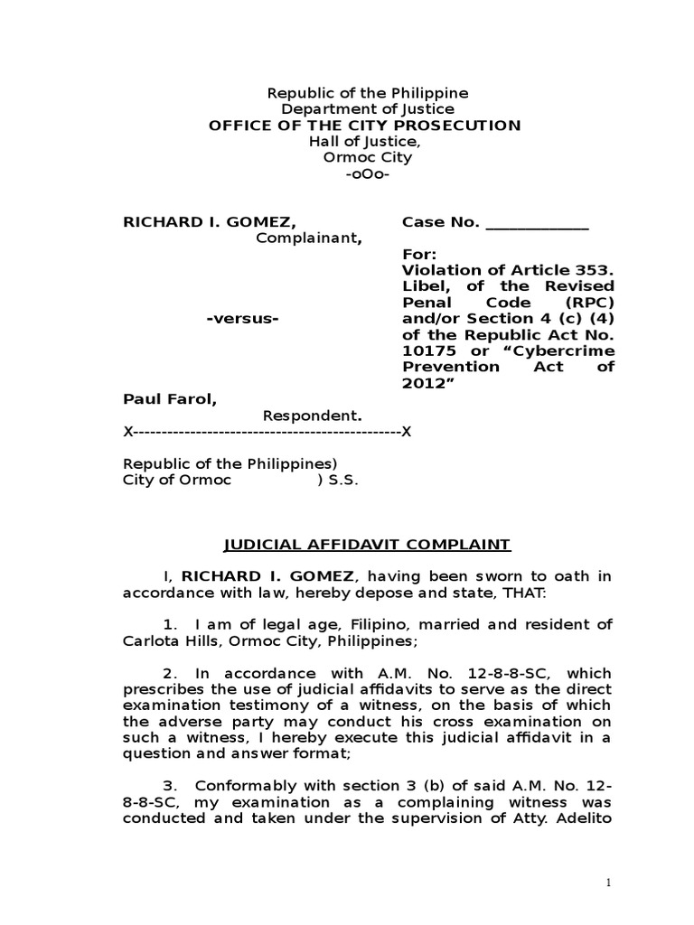 Judicial Affidavit Complaint vs Paul Farol | Defamation | Public Law