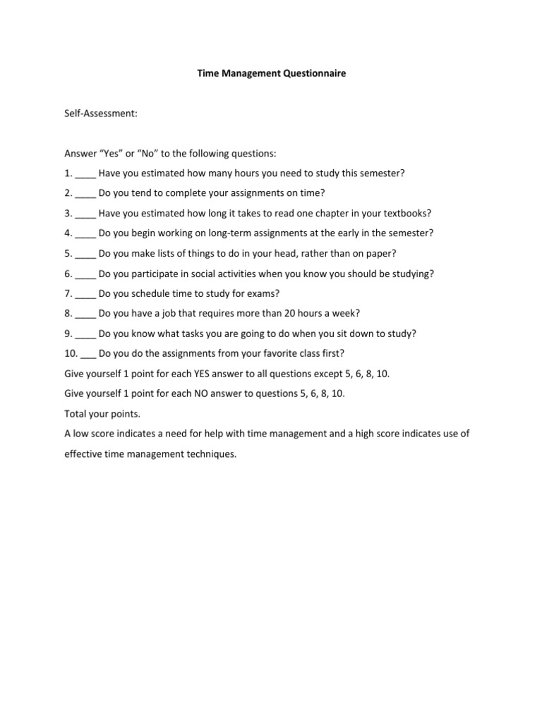 Time Management Questionnaire and Strategies for College Students | PDF ...
