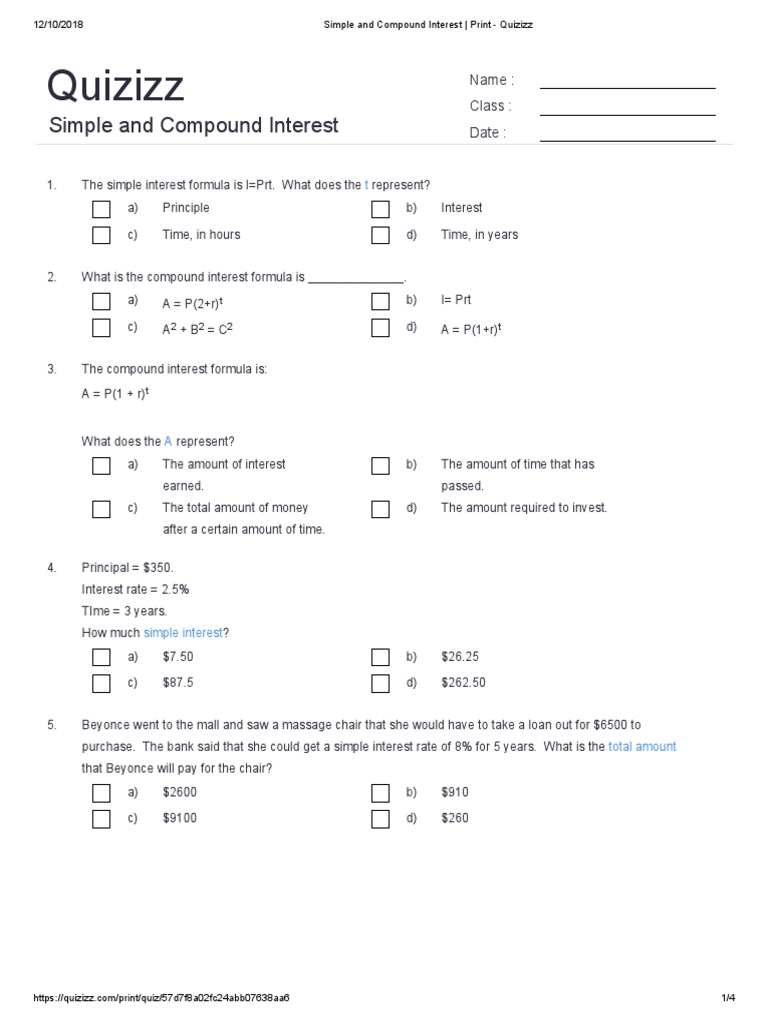 Simple vs. Compound Interest Quiz | PDF | Compound Interest | Interest
