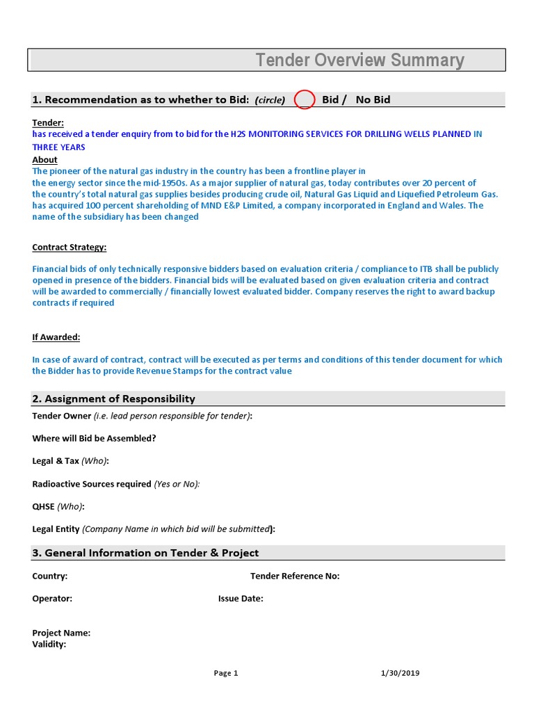 Tender Overview Summary: 1. Recommendation As To Whether To Bid: Bid ...