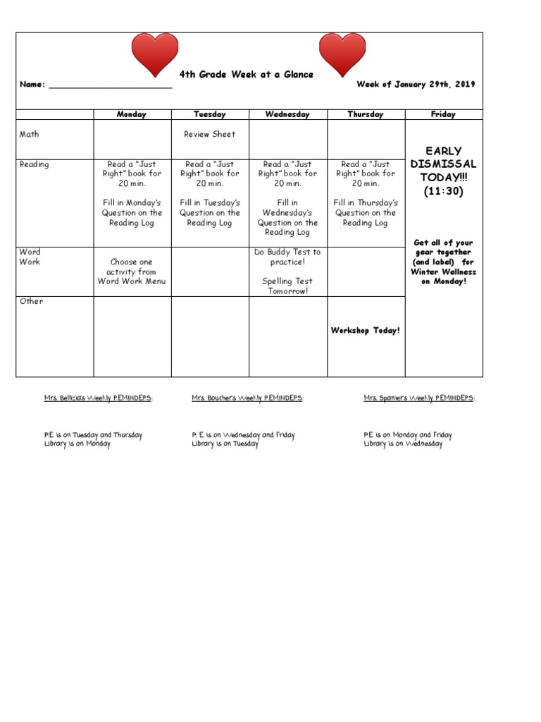 4th Grade Weekly Overview: Jan 29, 2019 | PDF