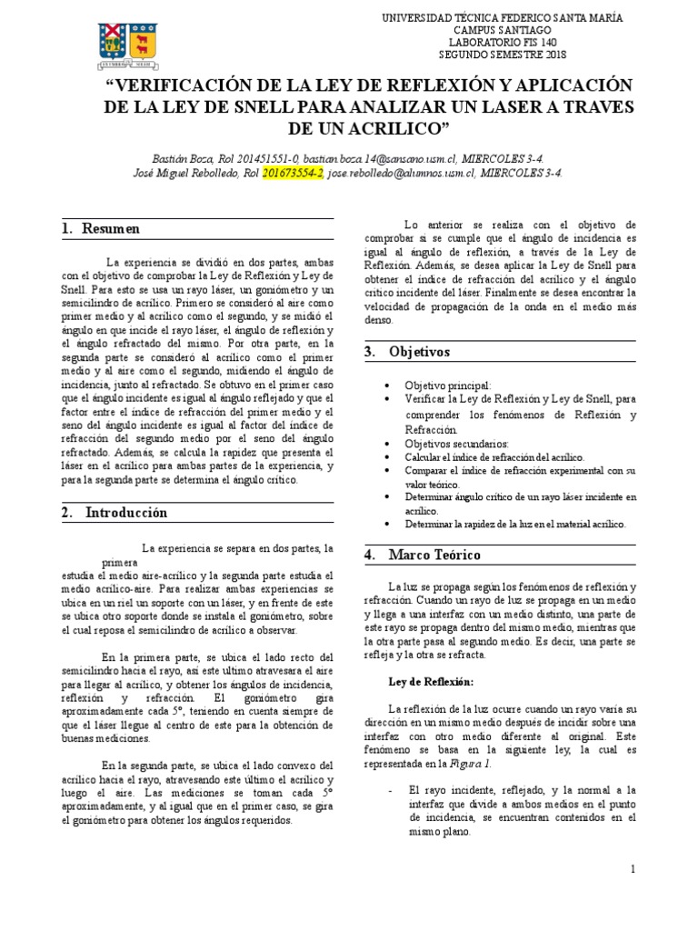 Ley de Reflexión y Ley de Snell | PDF | Refracción | Reflexión (Física)