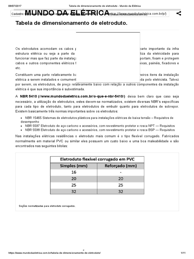 Tabela Dimensionamento Eletroduto | Engenharia Elétrica | Quantidades ...