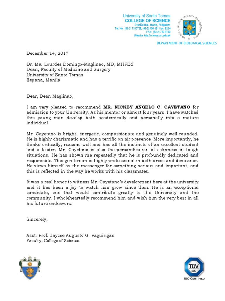 UST College of Science Recommendation Letter | PDF