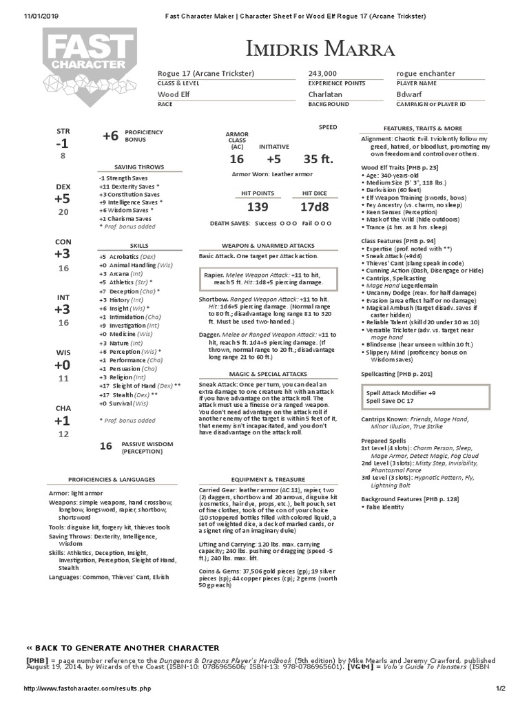 Fast Character Maker _ Character Sheet for Wood Elf Rogue 17 (Arcane ...