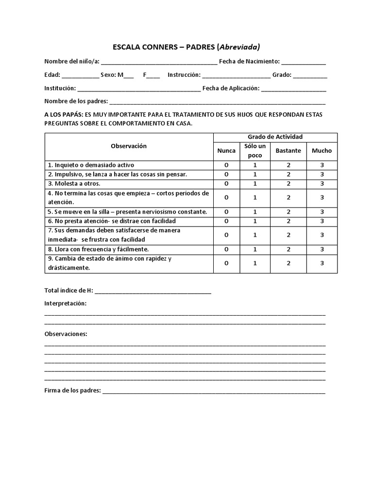 Escala Conners Padres Abrev. | Desorden hiperactivo y deficit de ...
