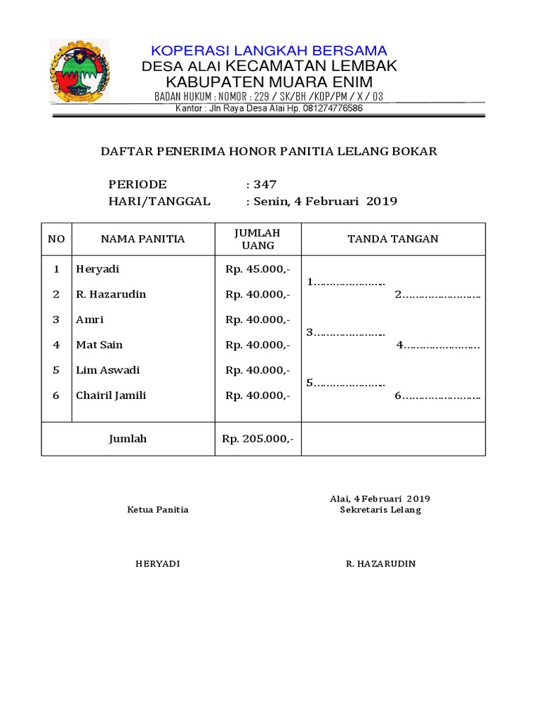 Daftar Penerima Honor Panitia Lelang | PDF