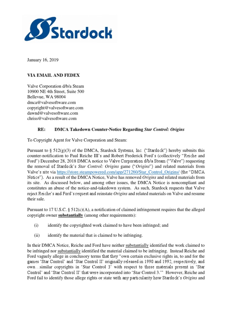 Letters From Stardock To Valve and GOG Regarding DMCA Claims of Ford ...