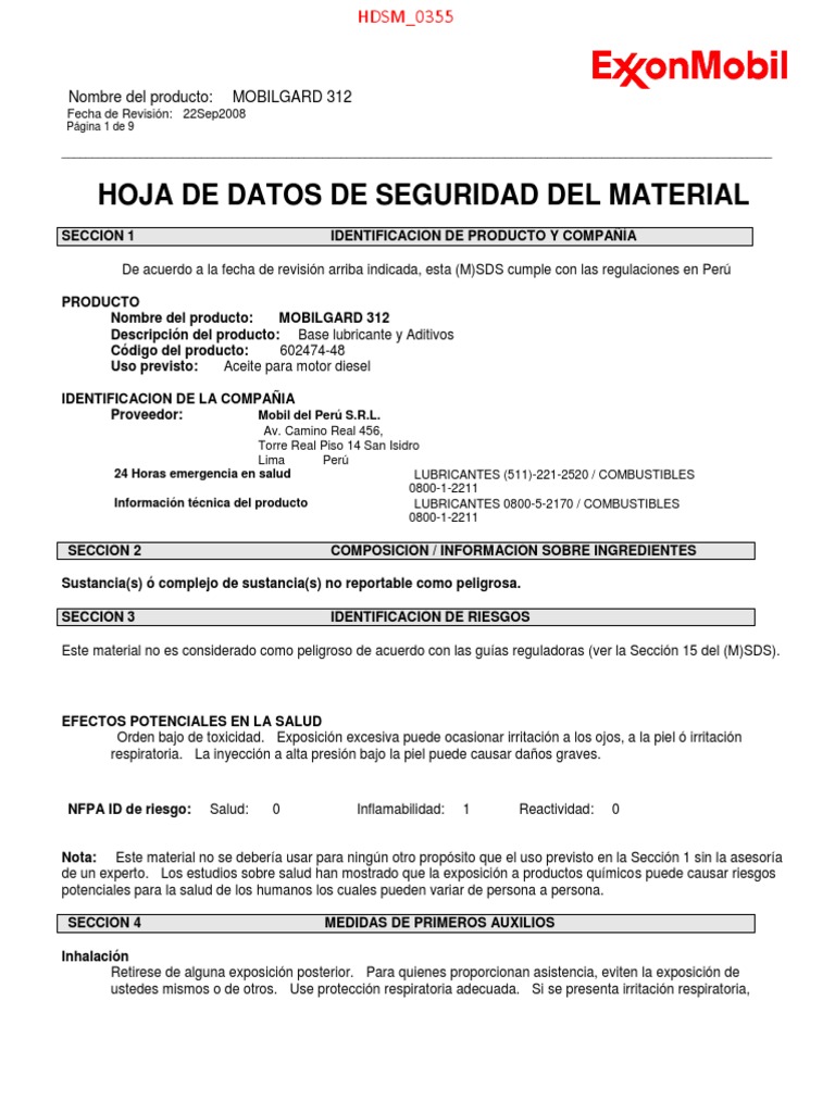 Mobilgard 312 | PDF | Guante | Lubricante