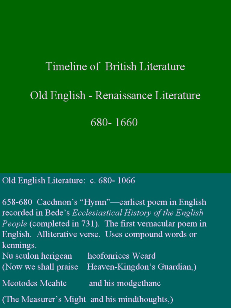 Timeline of British Literature Old English - Renaissance Literature 680 ...