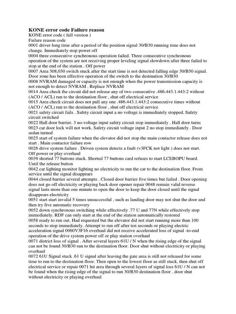 KONE Error Code Failure Reason | PDF | Switch | Printed Circuit Board