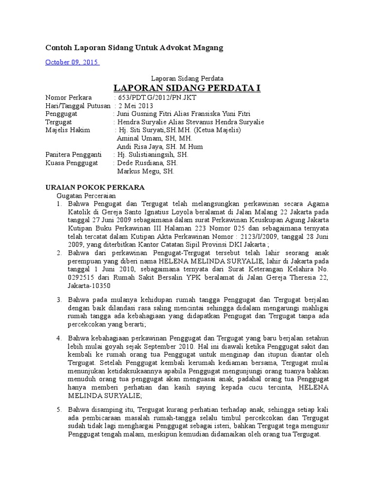 Contoh Laporan Sidang Untuk Advokat Magang | PDF