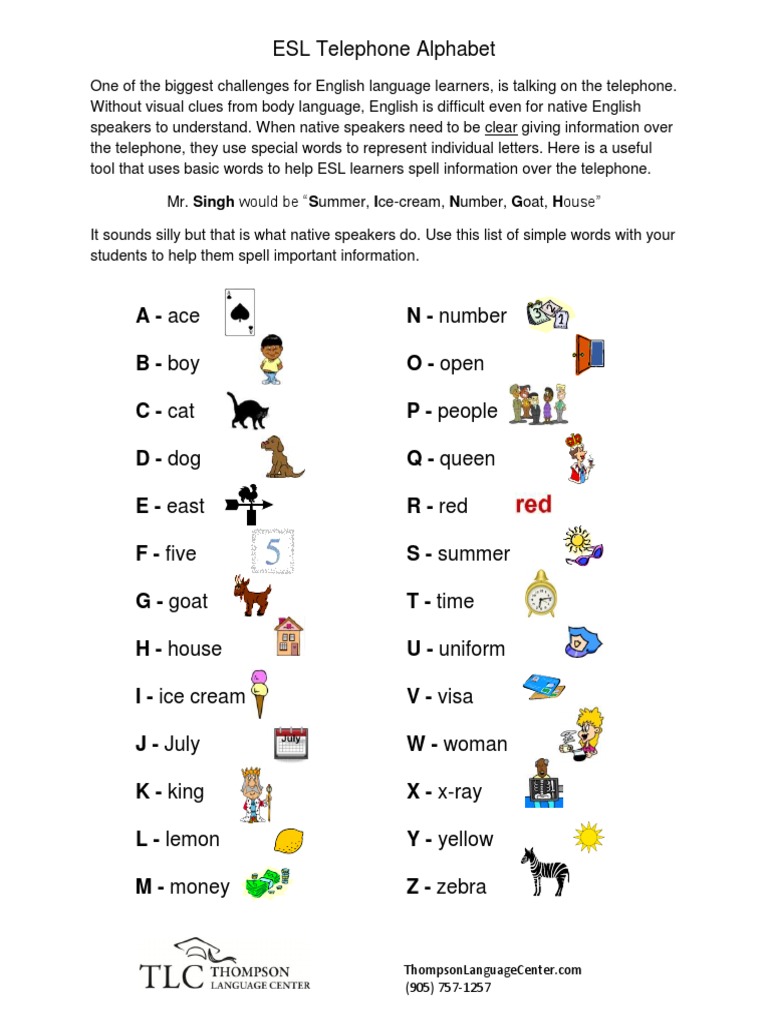 ESL Telephone Alphabet | PDF | English As A Second Or Foreign Language ...
