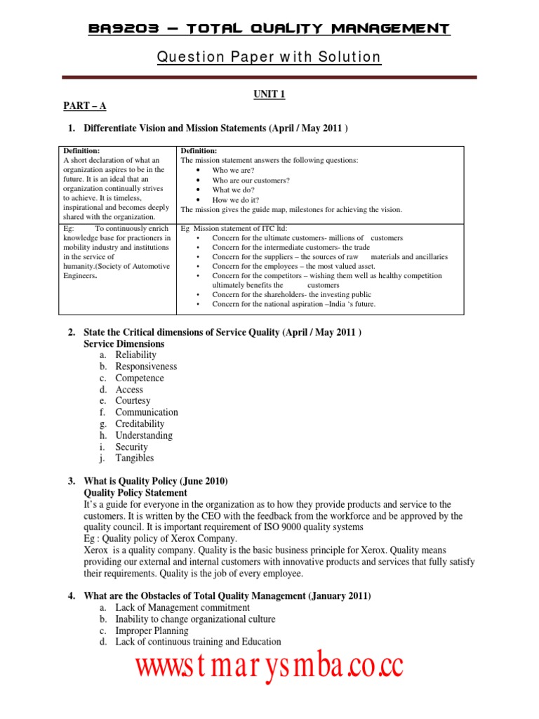 WWW - Stmarysmba.co - CC: Ba9203 - TOTAL QUALITY Management Question ...