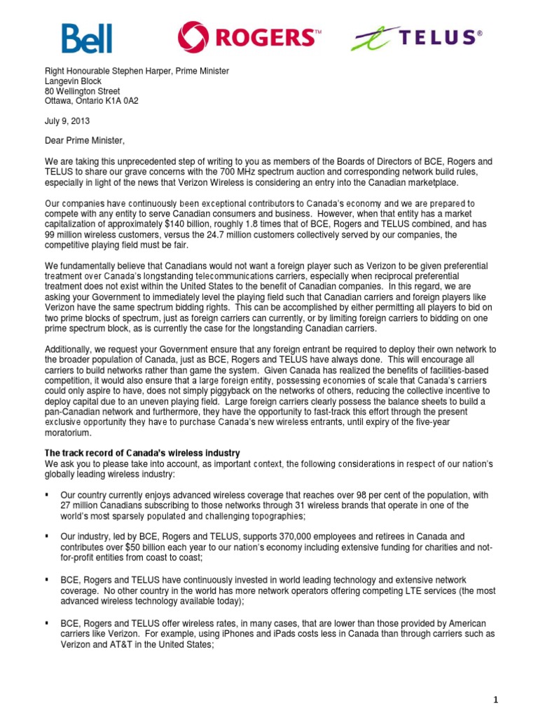 BELL TELUS ROGERS Letter To Prime Minister | PDF | Verizon ...