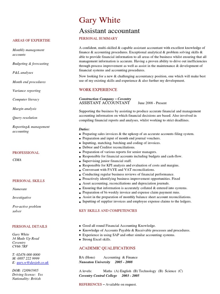 Assistant Accountant CV Template | PDF | Accounts Payable | Accounting