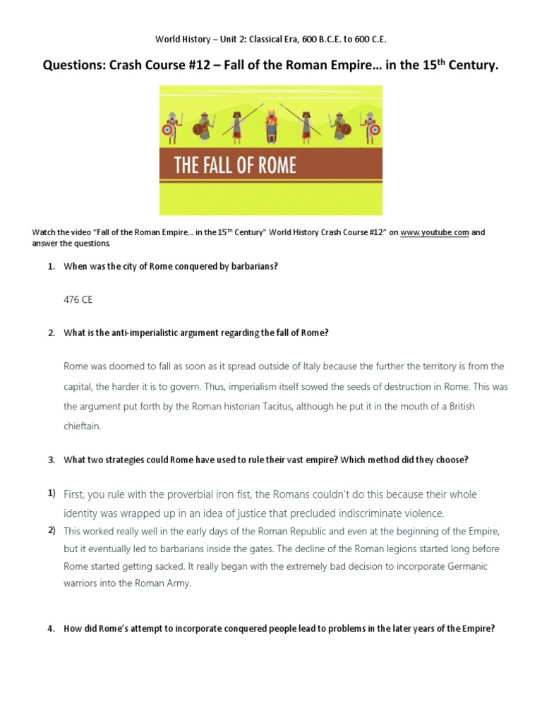 Questions: Crash Course #12 - Fall of The Roman Empire in The 15 ...