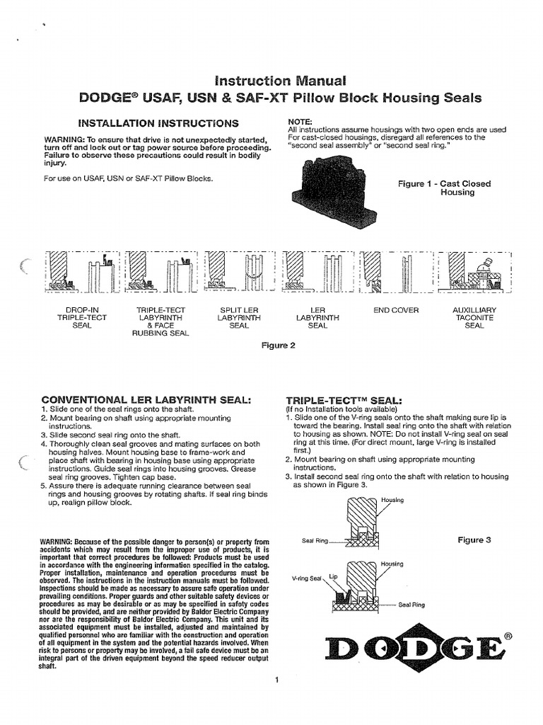 7.2 Instruction Manual DODGE USAF, USN & SAF-XT Pillow Block Housing Seals PDF | PDF