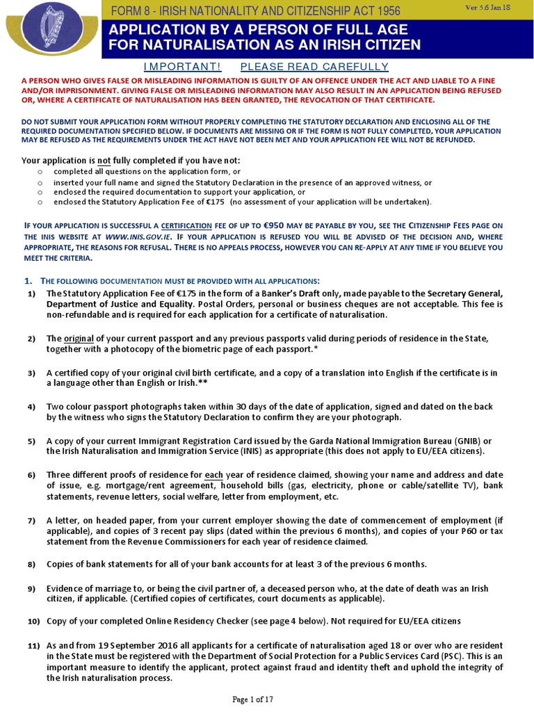 Application by A Person of Full Age For Naturalisation As An Irish ...