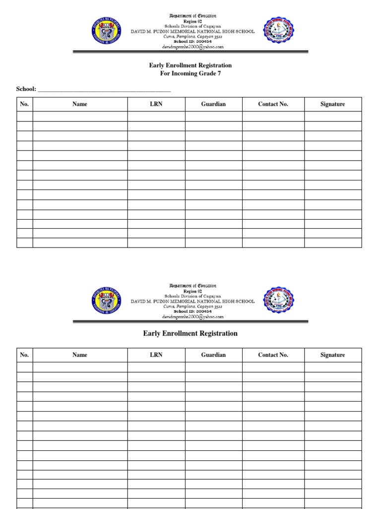 Early Enrollment Registration For Incoming Grade 7 School | PDF