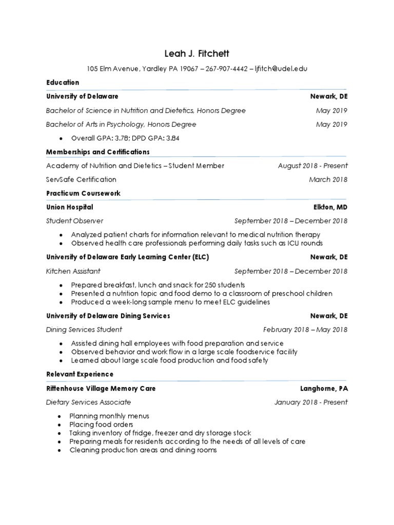 Leah J Fitchett Resume | PDF | Dietitian | Foods