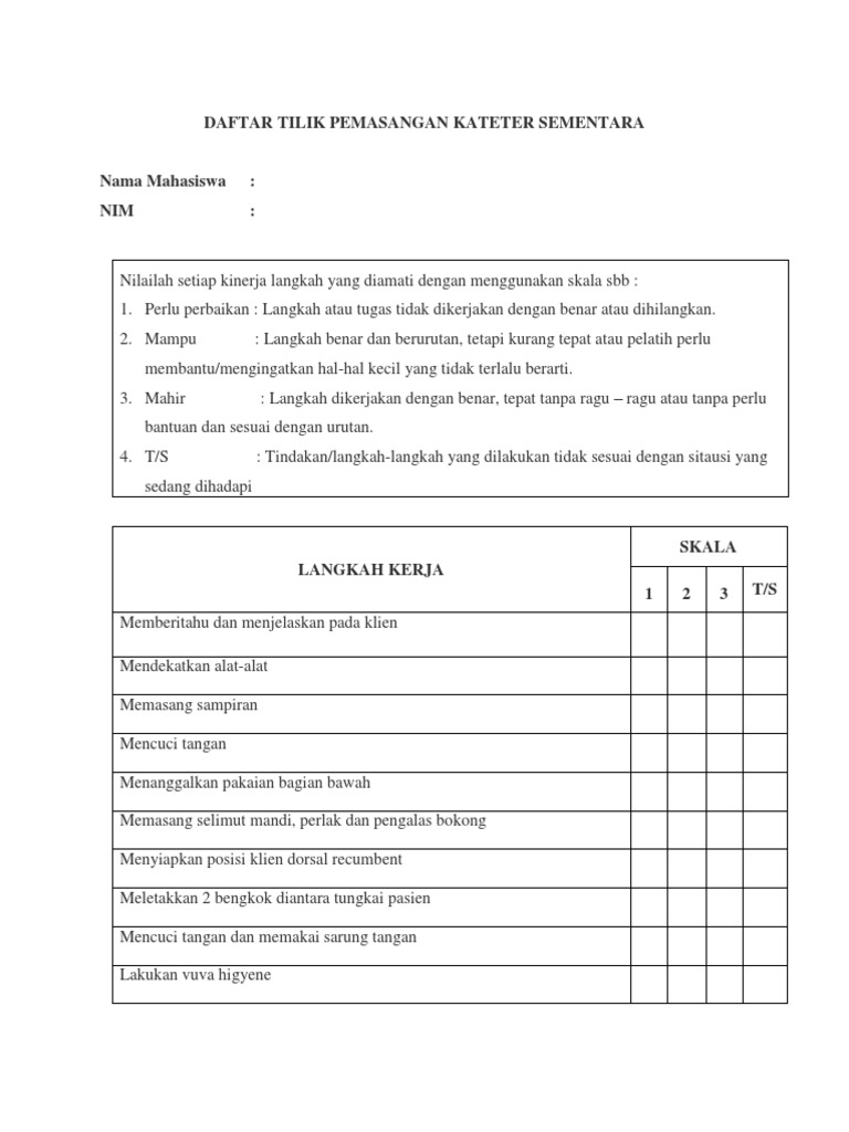Daftar Tilik Pemasangan Kateter Docx 1 | PDF