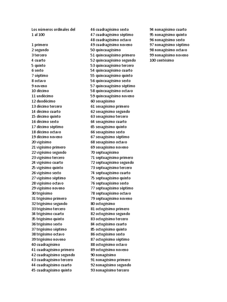 Los números ordinales del 1 al 100 en español | PDF | Deportes