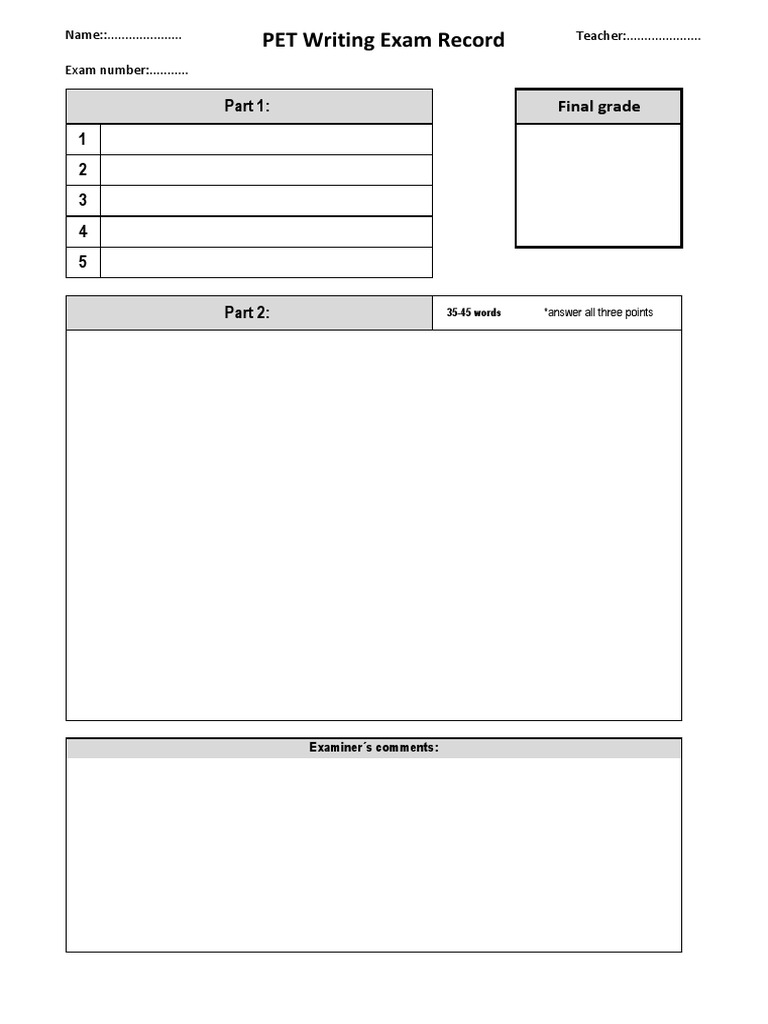 PET Writing Exam Record: 1 2 3 4 5 Final Grade | PDF